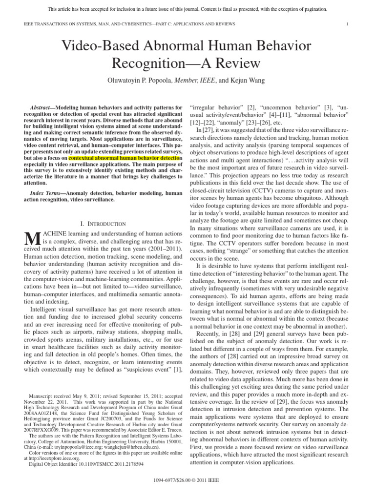 Video-Based Abnormal Human Behavior Recognition-A Review | PDF | Cluster Analysis | Bayesian Network