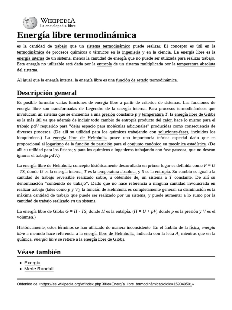 Energía Libre Termodinámica | PDF | Energía libre de Gibbs | Fenomeno fisico