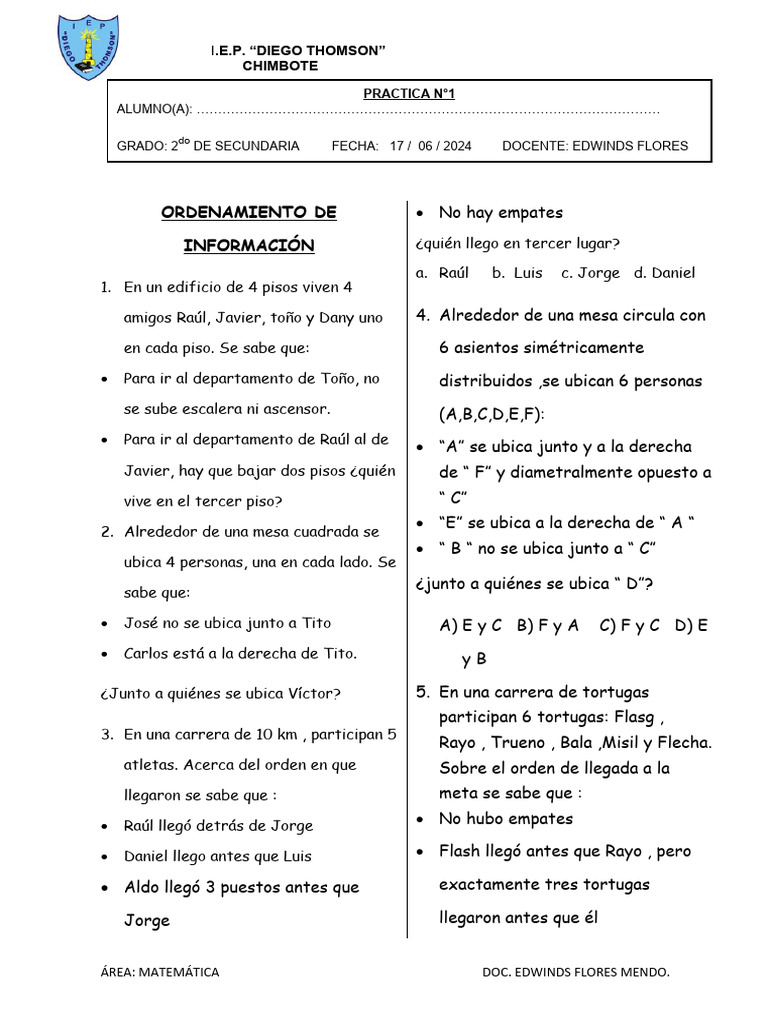 2DO SEC. ORDENAMIENTO LINEAL - Practica | PDF