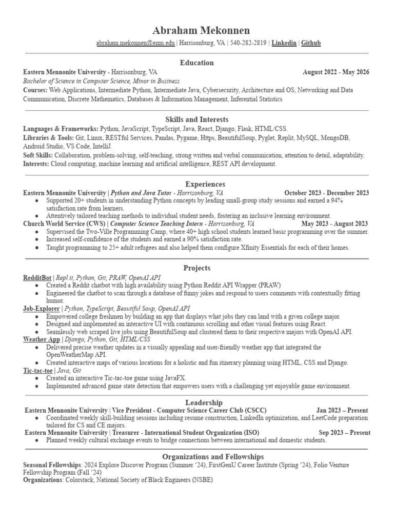 Abraham Mekonnen Resume | Download Free PDF | Python (Programming Language) | Java (Programming ...