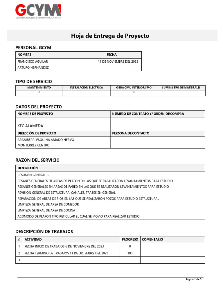 Formato Hoja de Entrega de Proyecto Comedor y Cocina | PDF