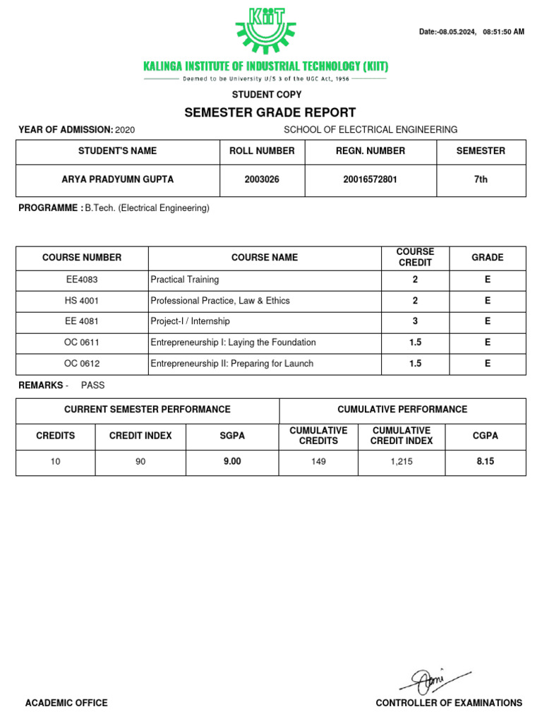 Semester Grade Report: Date:-08.05.2024, 08:51:50 AM | PDF