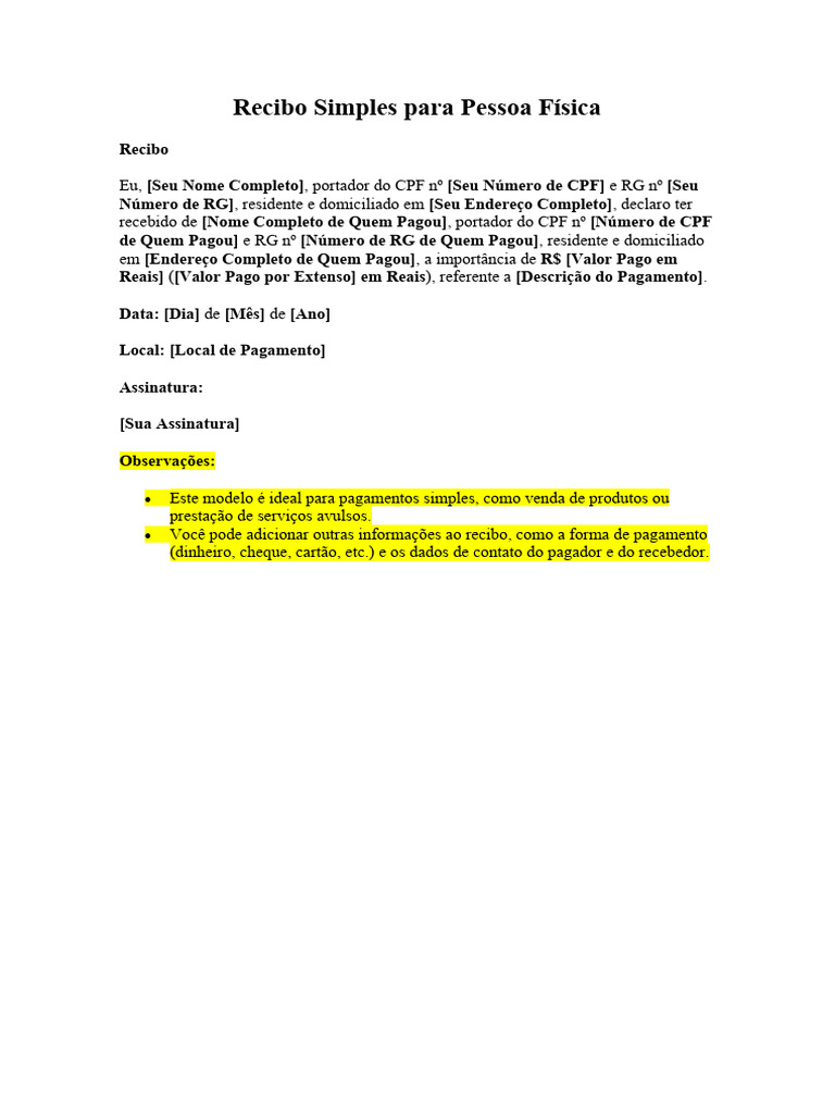 Modelo - Recibo Simples para Pessoa Física | PDF