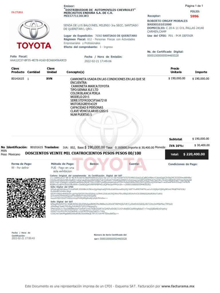 Factura Toyota Sienna 2015 Pdf