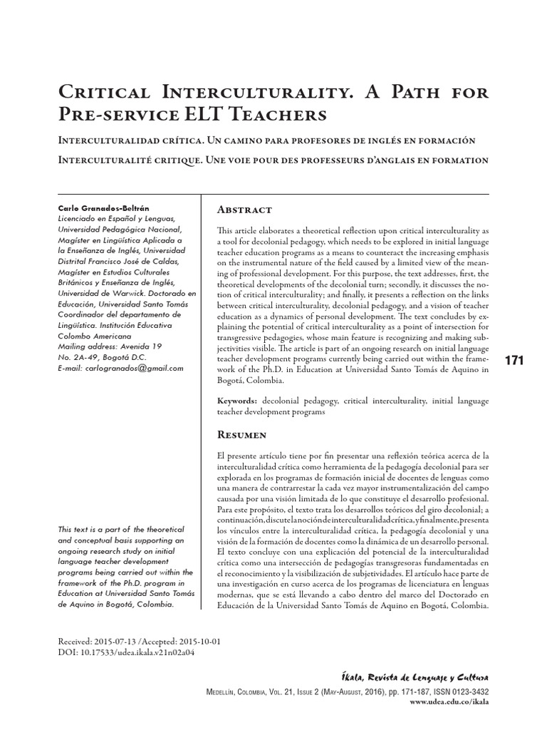 ARTICLE For ANALYSIS Critical Interculturality | PDF | Pedagogy | Multiculturalism