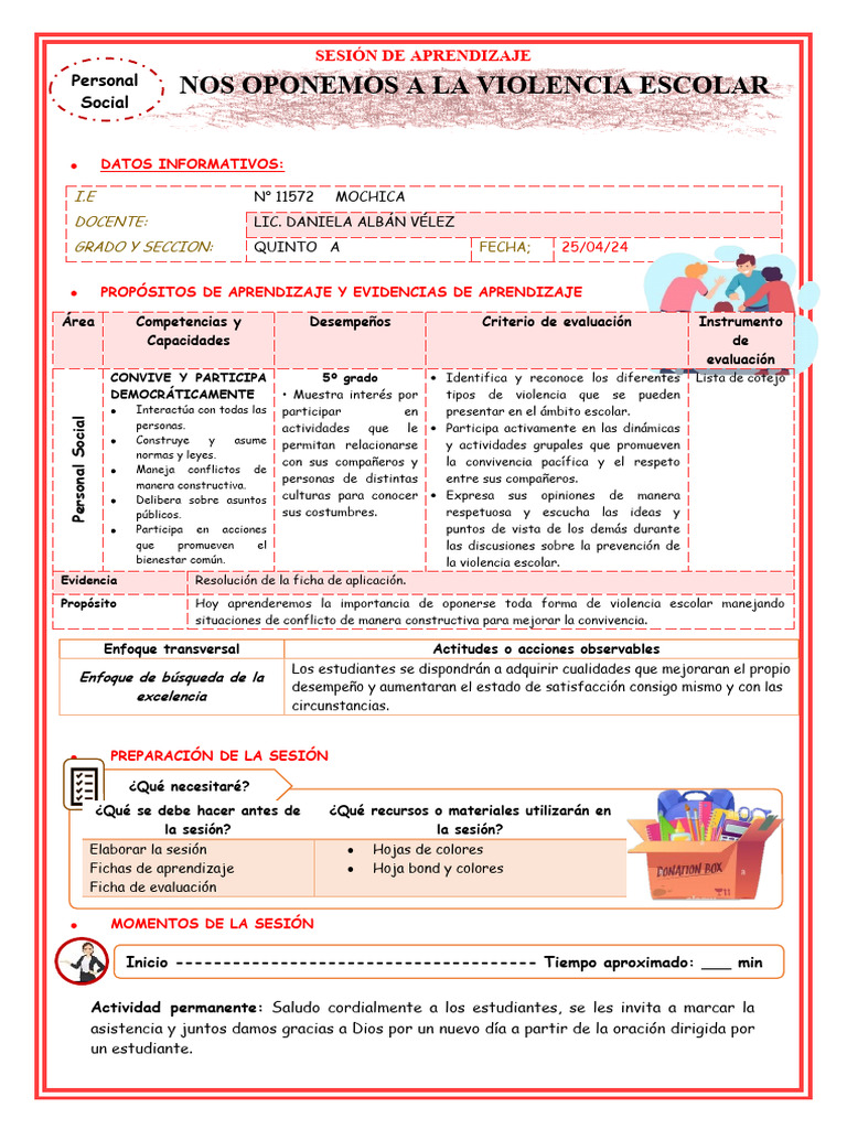 Sesion Ps Nos Oponemos A La Violencia Escolar Pdf Conceptos