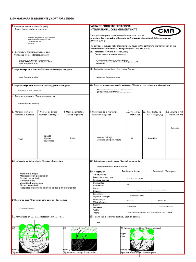 UITA-Documento Transporte Mercancias Carta Internacional de Porte CMR 3 | PDF