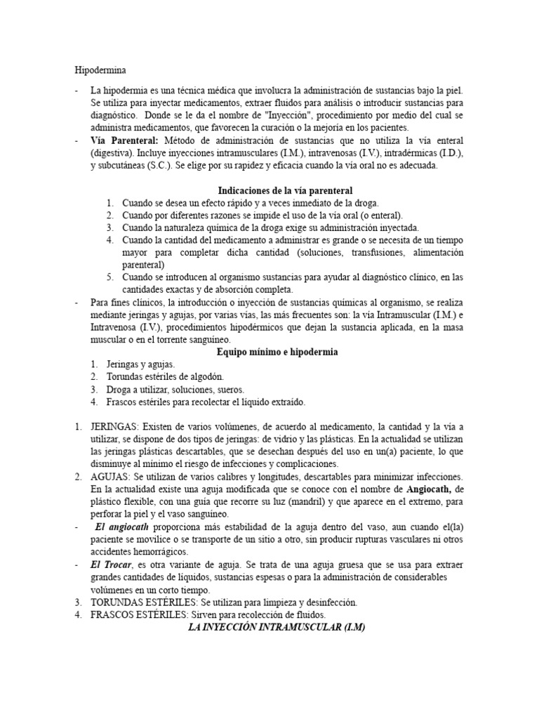 Técnicas de Hipodermia y Vía Parenteral | PDF | Inyección (medicina ...