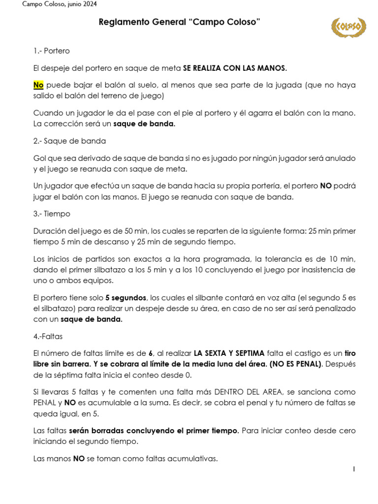 Reglamento Campo Coloso Junio 2024 | PDF | Árbitro | Asociación de Futbol