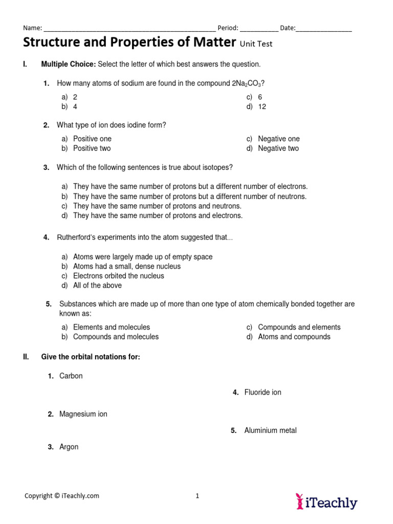 Unit 1 Structure and Properties of Matter Test TE | PDF | Atoms | Ion
