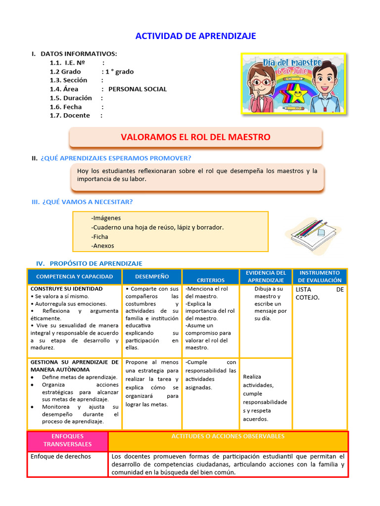 D1 A2 Sesion Ps. Valoramos El Rol Del Maestro | PDF | Evaluación ...