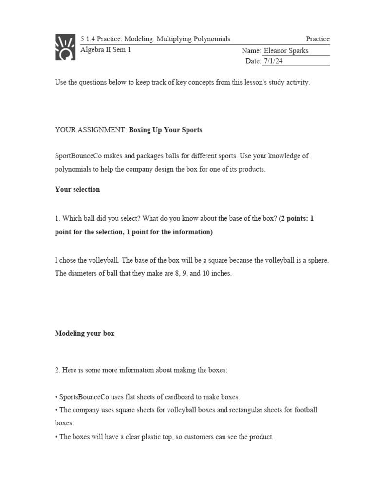 Apex Learning Algebra 2 Semester 1 5.1.4 Practice - Modeling ...
