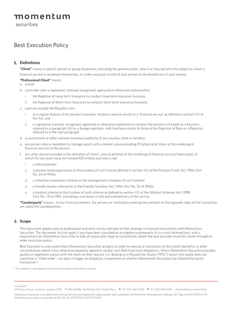 Momentum Securities Best Execution Policy | PDF | Securities (Finance ...