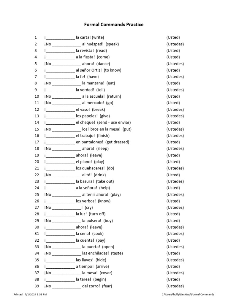 Spanish Formal Commands Positive & Negative Practice With Answers 2 | PDF