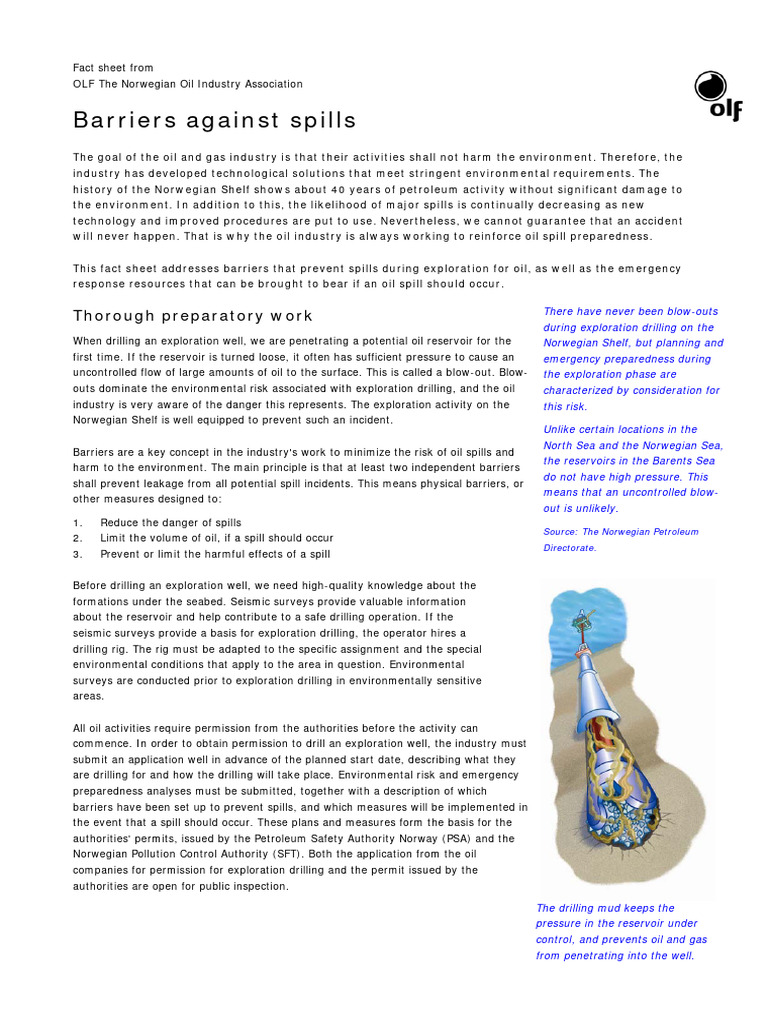 Fact Sheet - Barriers Against Spills | PDF | Blowout (Well Drilling ...