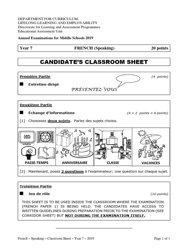 Year 7 French Speaking Exam Guide | PDF | Teaching Methods & Materials ...