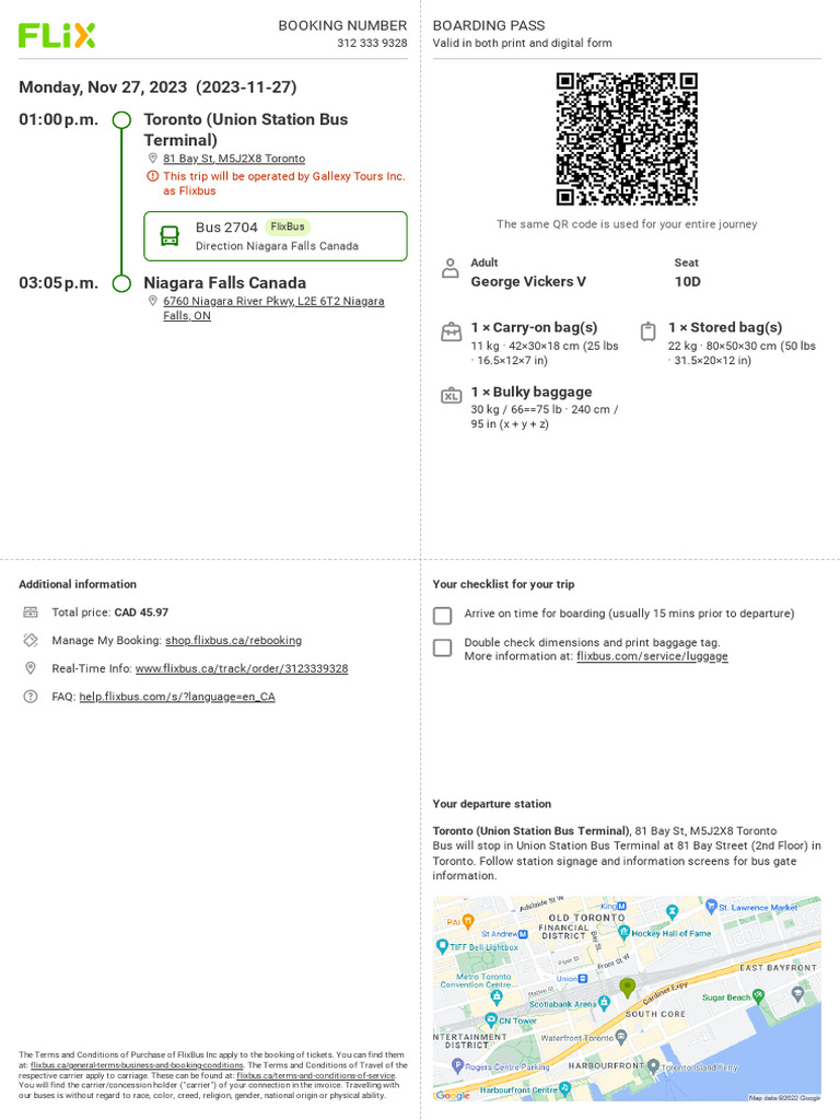Ticket Toronto On Niagara Falls On 3123339328 | PDF | Bus Transport ...