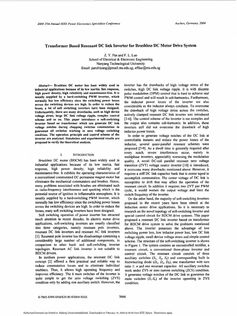 Transformer Based Resonant DC Link Inverter For Brushless DC Motor Drive System | PDF | Power ...