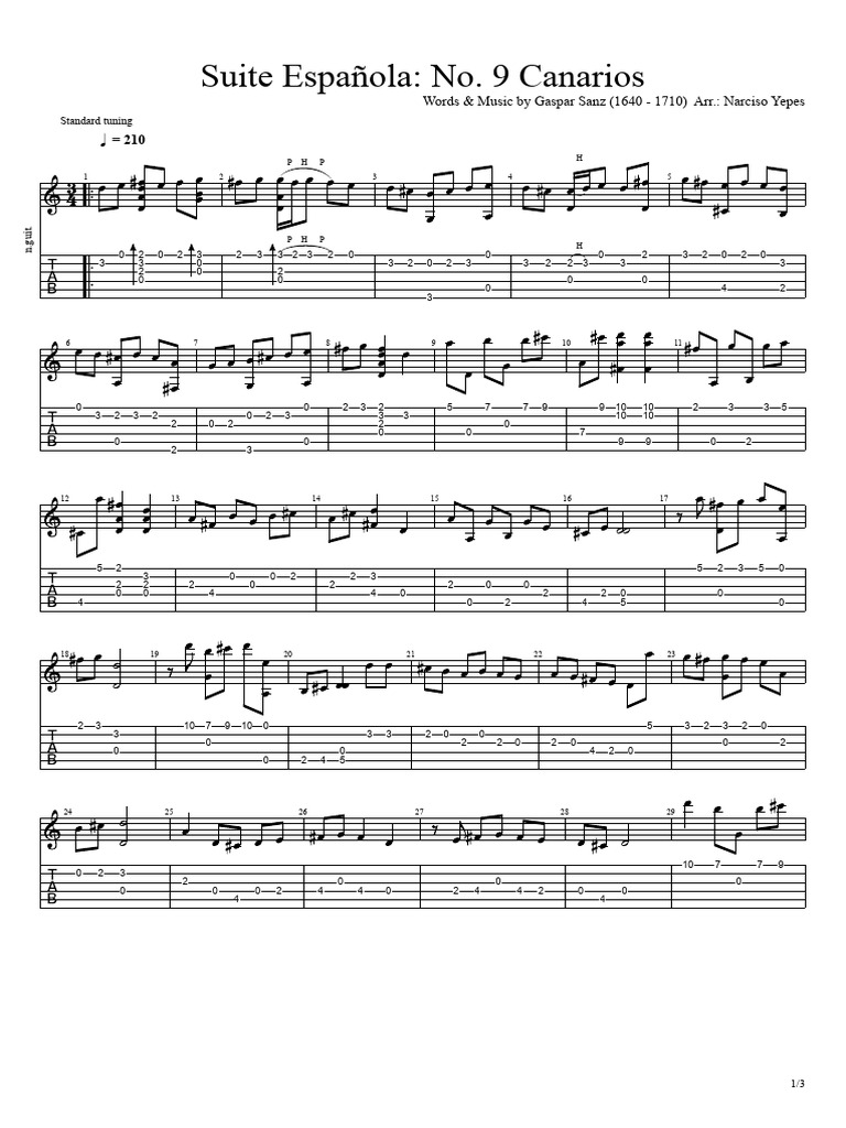 Canarios from Suite Española by Sanz | PDF | Classical Guitar | Guitars