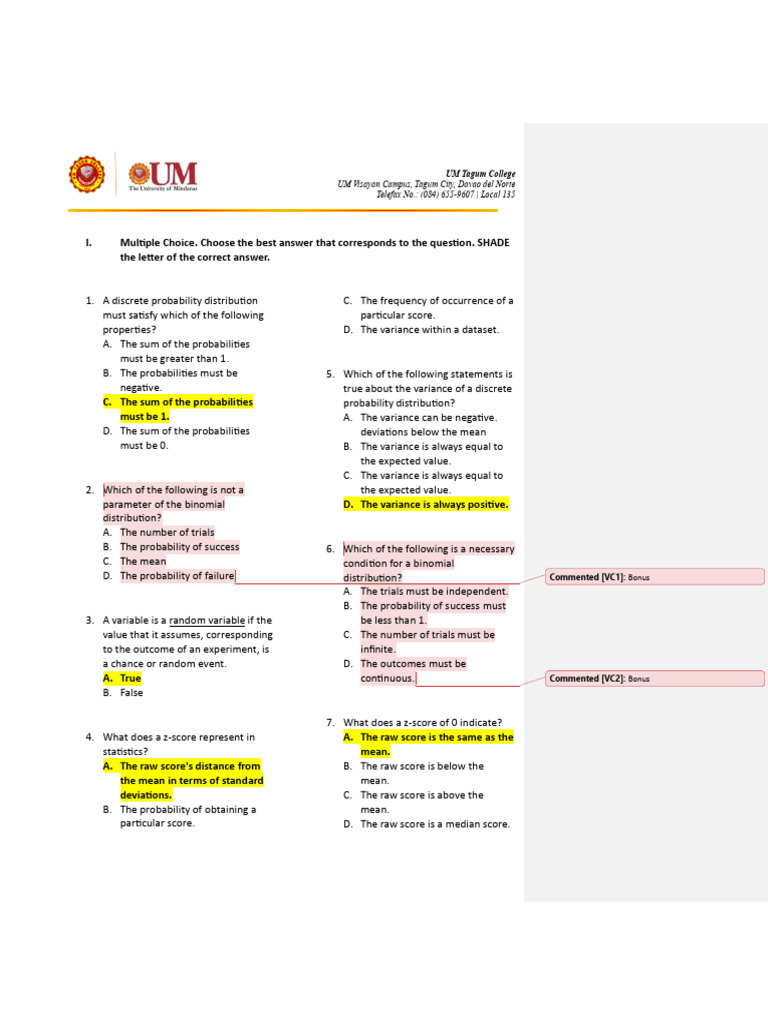 MTH103 3rd Examination | PDF | Probability Distribution | Variance