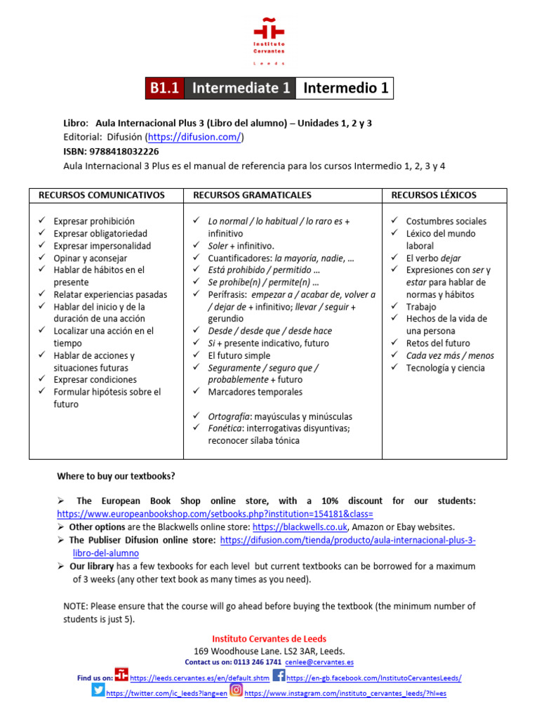 Z - Aula Internacional Plus 3 (Libro Del Alumno) Contents Covered in B1.1 - Intermediate 1 ...