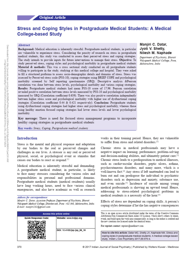 Stress and Coping Styles in Postgraduate Medical.15 | PDF | Stress ...