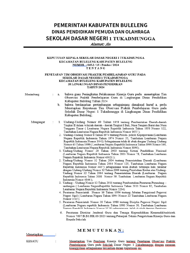 SK Tim Observasi Kelas | PDF