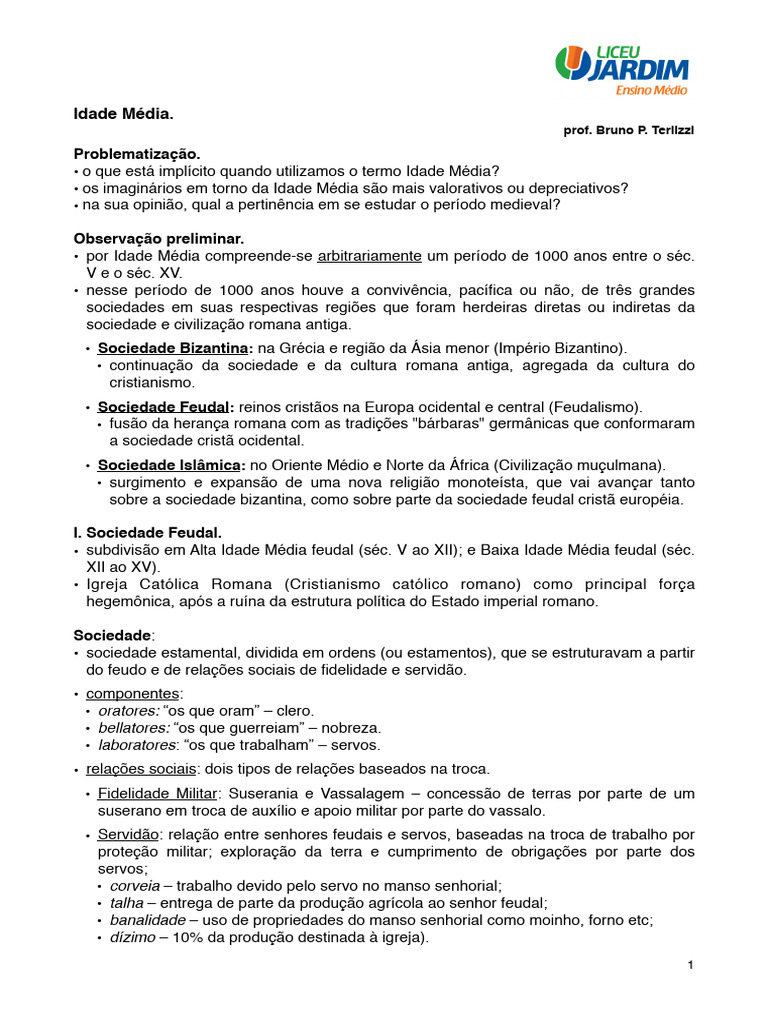 Plano de Aula - Idade Média - Sociedade Feudal (Parte I) | PDF | Feudalismo | Servidão