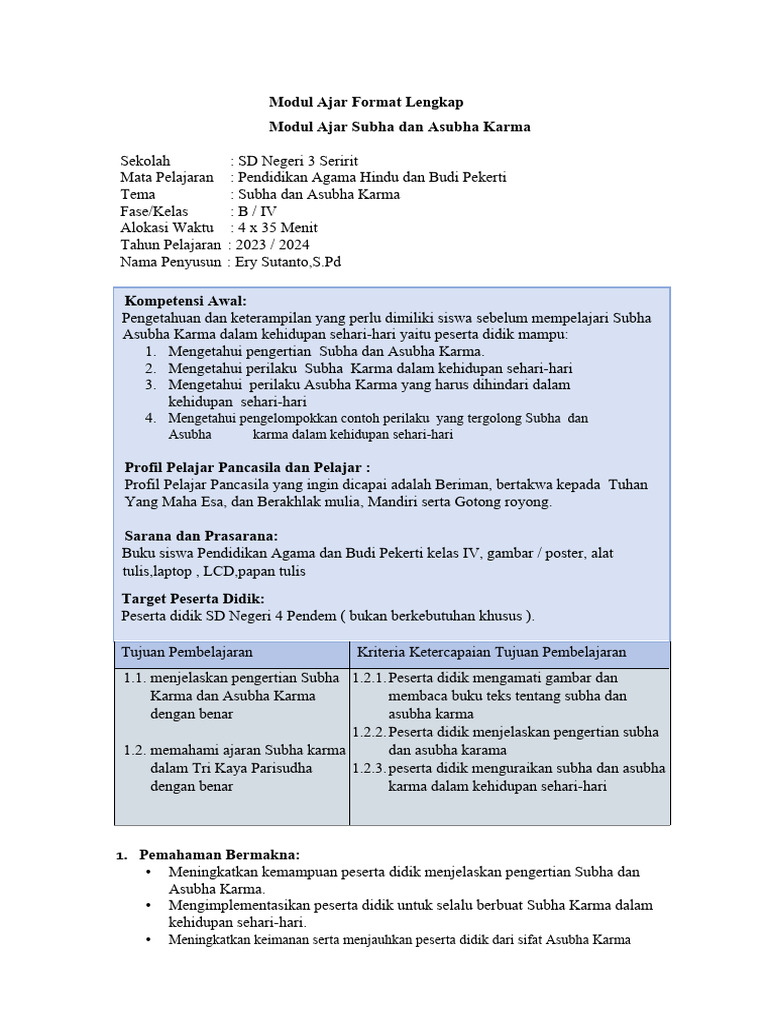 Modul Ajar Pah Subha Dan Asubha Karma | PDF | Karier & Perkembangan