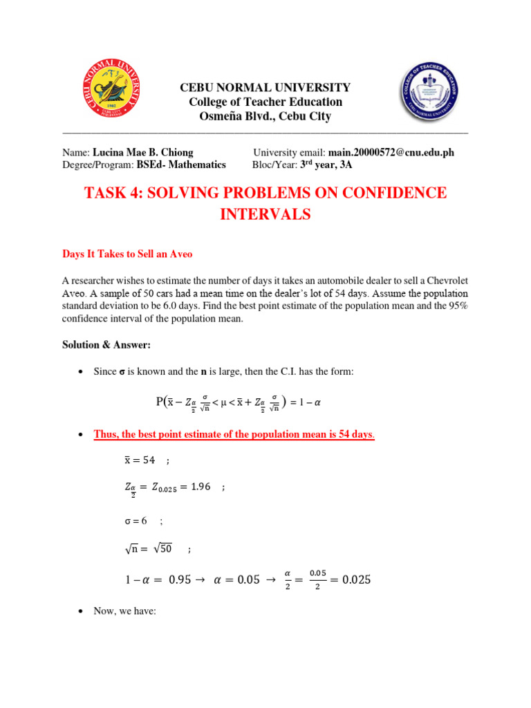 Chiong, Lucina Mae - Task 4 Learning Assessment On Confidence Interval ...
