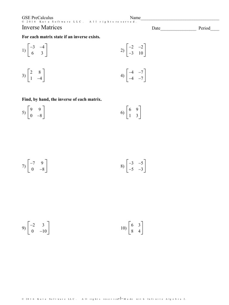 Inverse Matrices Practice 2016 | PDF | Matrix (Mathematics) | Mathematics