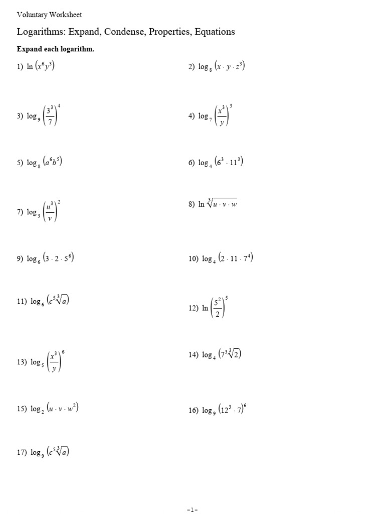 Voluntary Worksheet - Logarithms Expand Condense Properties Equations ...