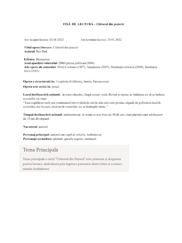 Fisa de Lectura Cititorul Din Pestera | PDF