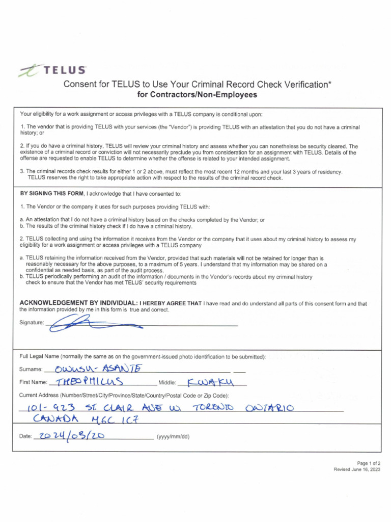 TELUS Consent For Criminal Background Check | PDF