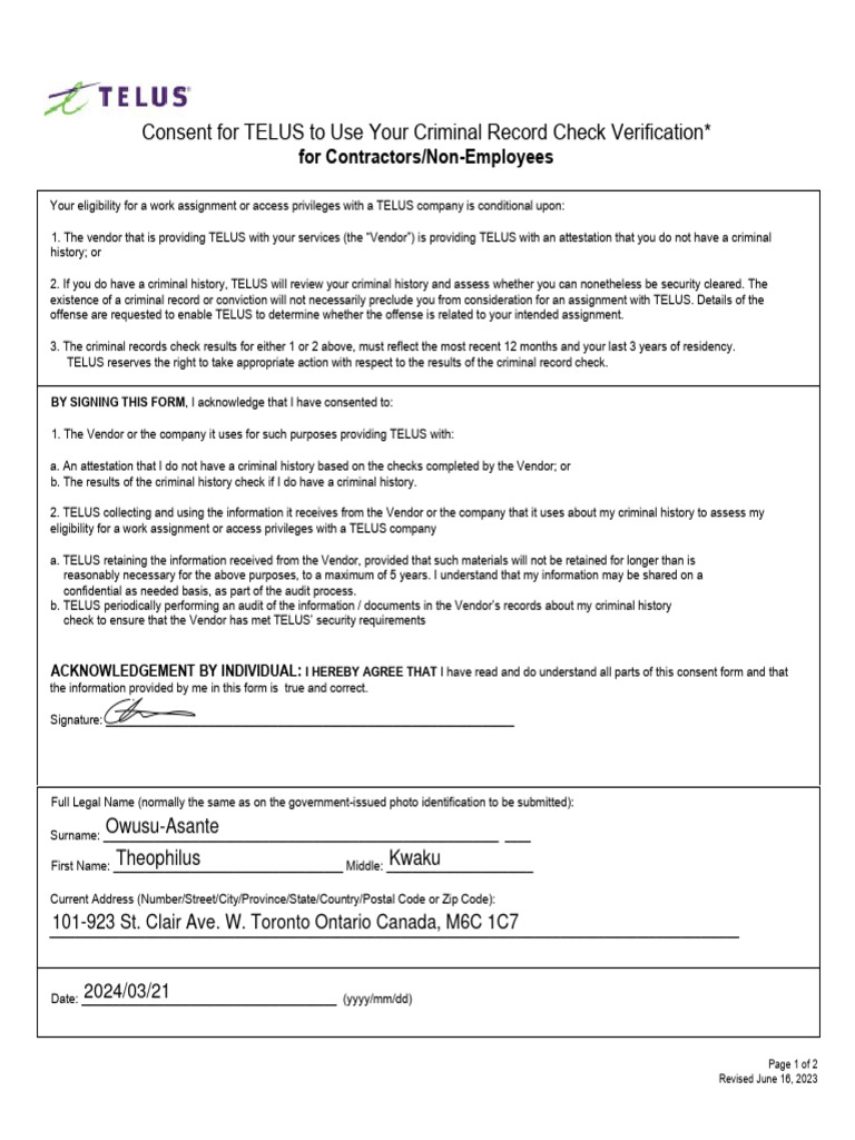 TELUS Security Consent and Security Regulations Form 2023 | PDF ...