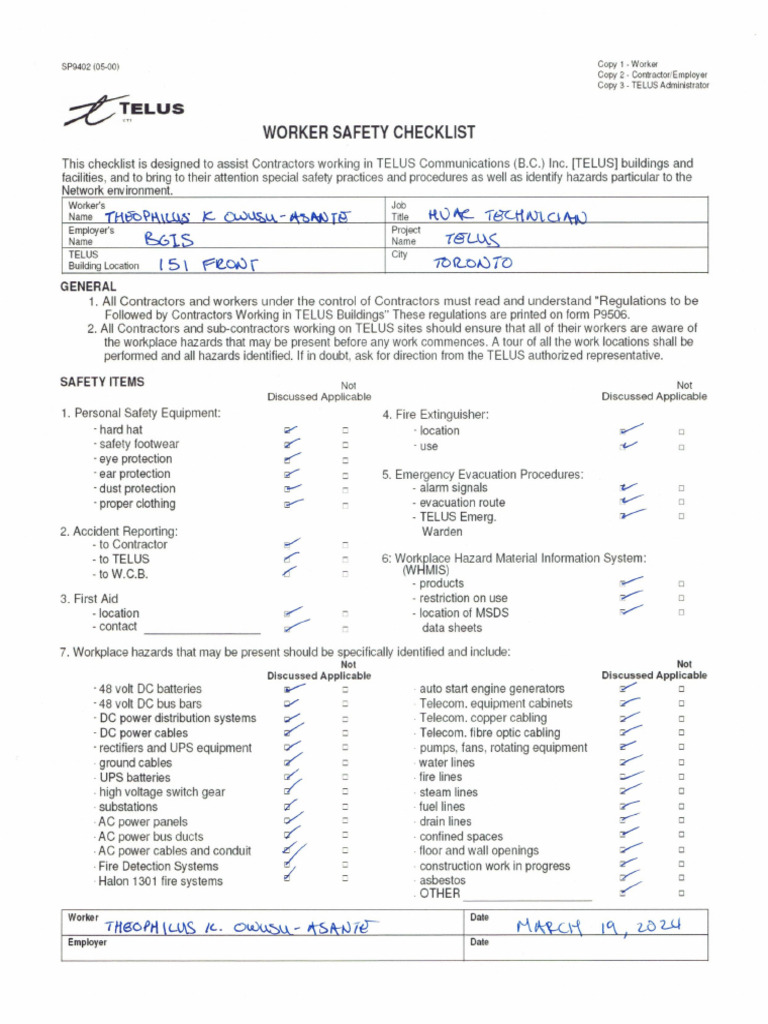 TELUS Worker Safety Checklist | PDF