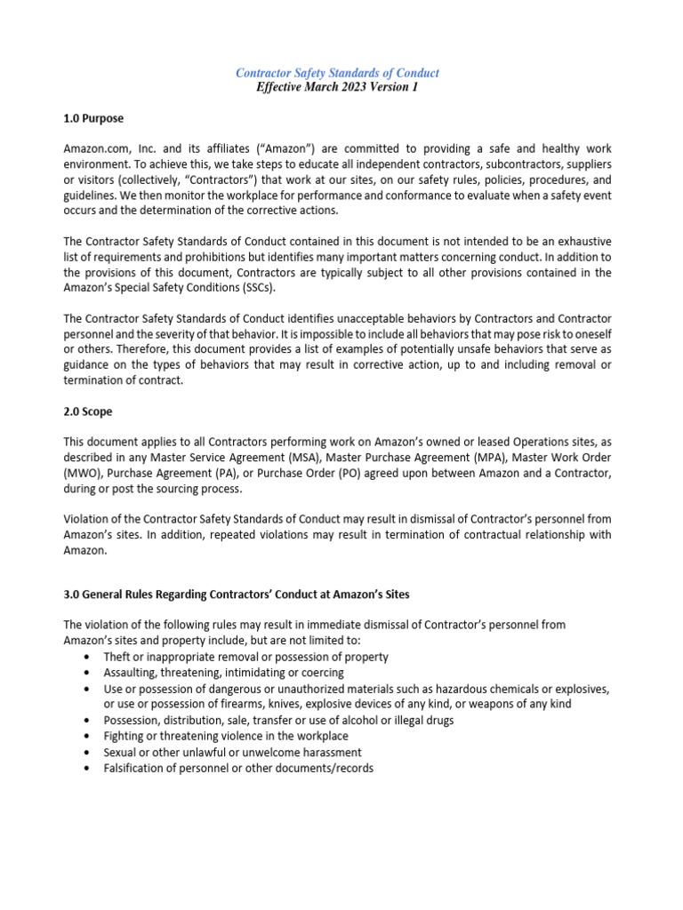 Amazon Contractor Safety Standards 2023 | PDF | Risk | Risk Assessment