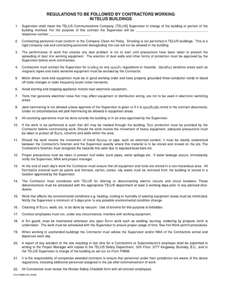 TELUS Contractor Building Regulations | PDF