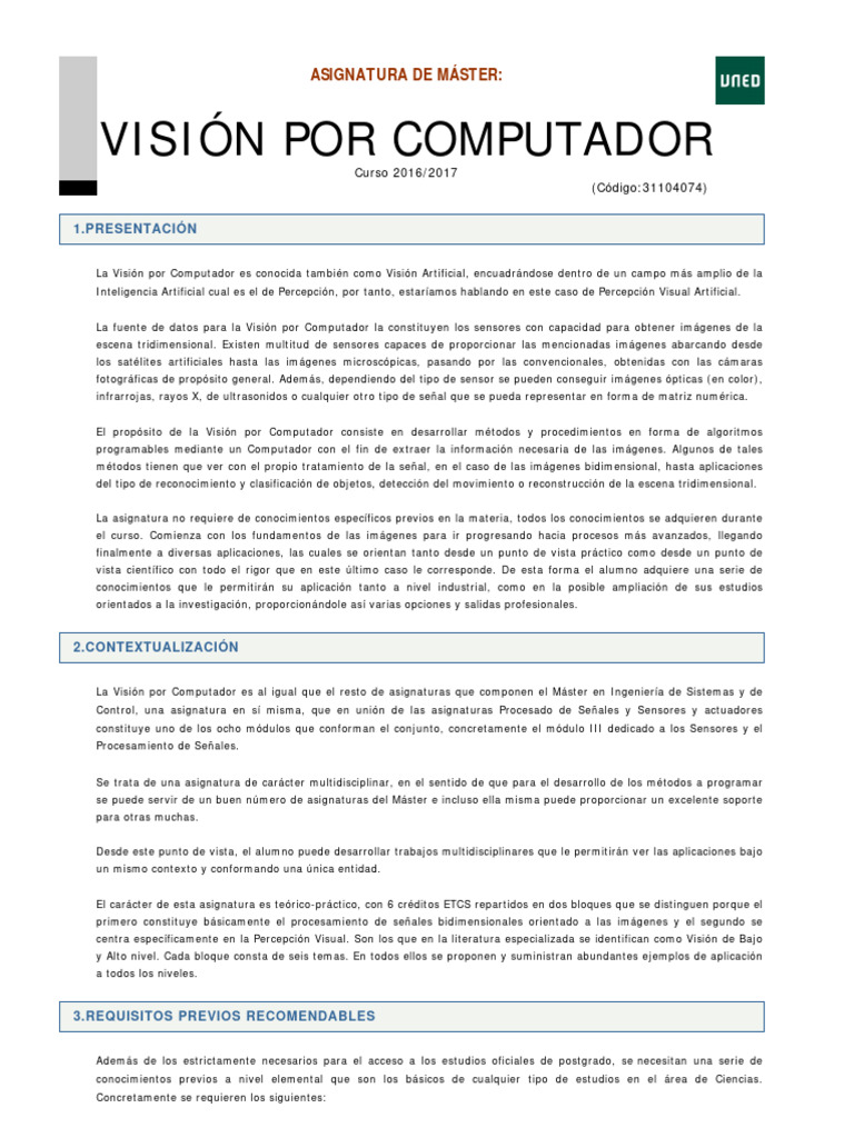 Vision Por Computador UNED | PDF | Visión por computador | Percepción ...