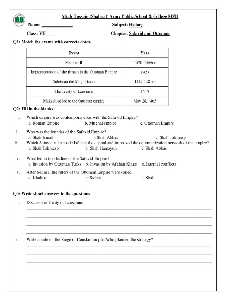 Class 7 Worksheet Safavid and Ottomans | PDF | Ottoman Empire ...