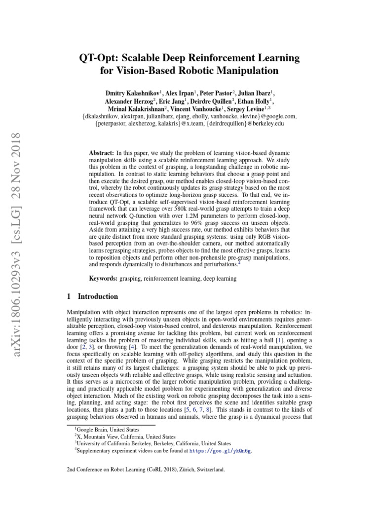 QT-Opt, Scalable Deep RL For Vision-Based Robotic Manipulation | PDF | Mathematical Optimization ...