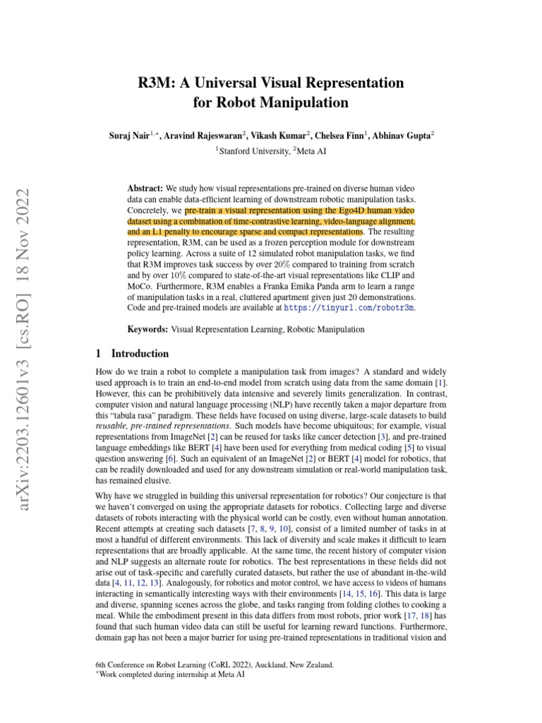 R3M: A Universal Visual Representation For Robot Manipulation | PDF | Learning | Robotics