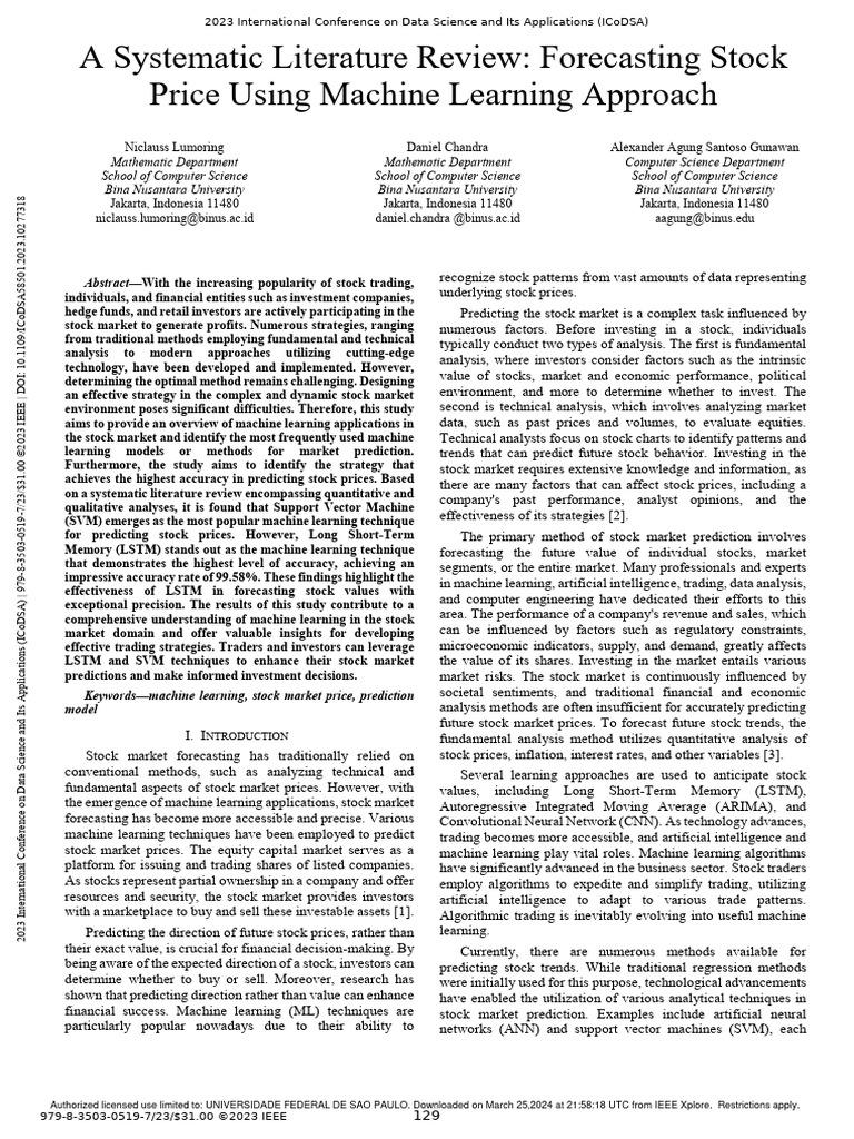A Systematic Literature Review Forecasting Stock Price Using Machine Learning Approach | PDF ...