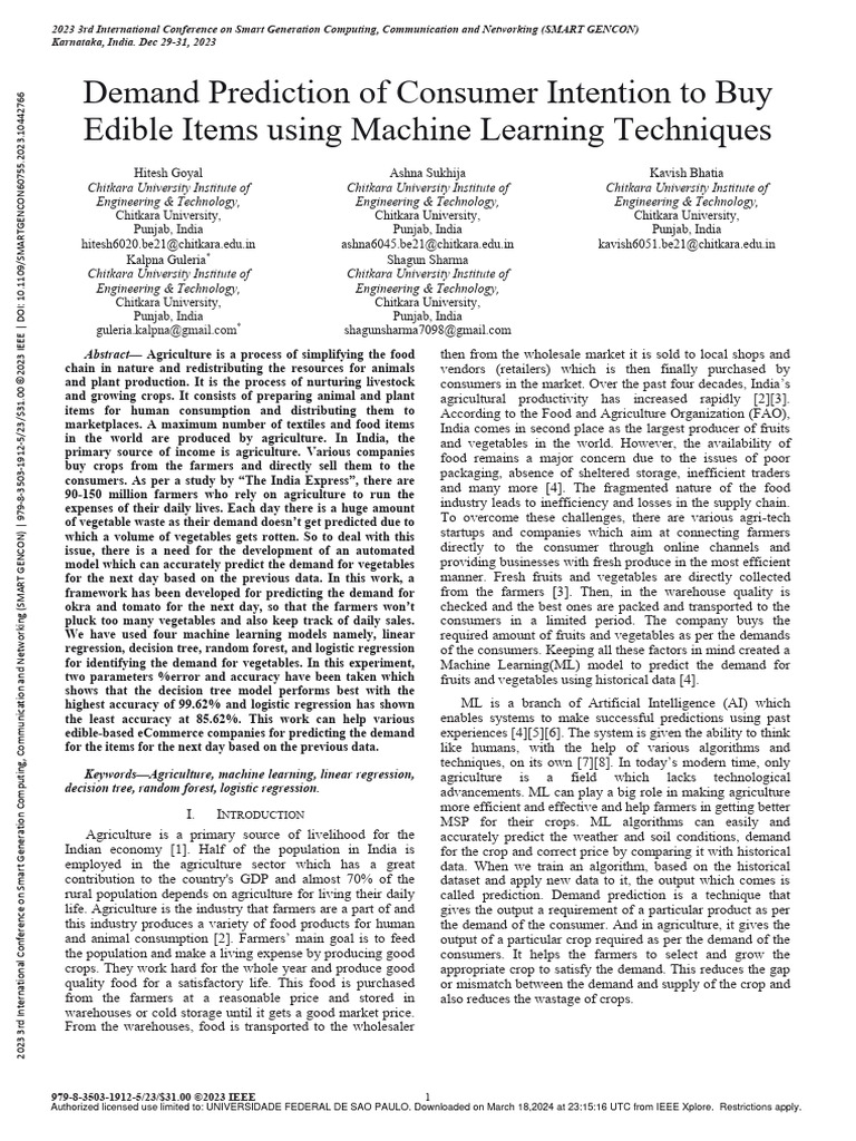Demand Prediction of Consumer Intention To Buy Edible Items Using ...