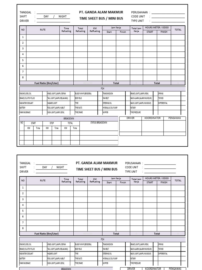 Timesheet & P2H Bus | PDF | Brake | Automotive Industry