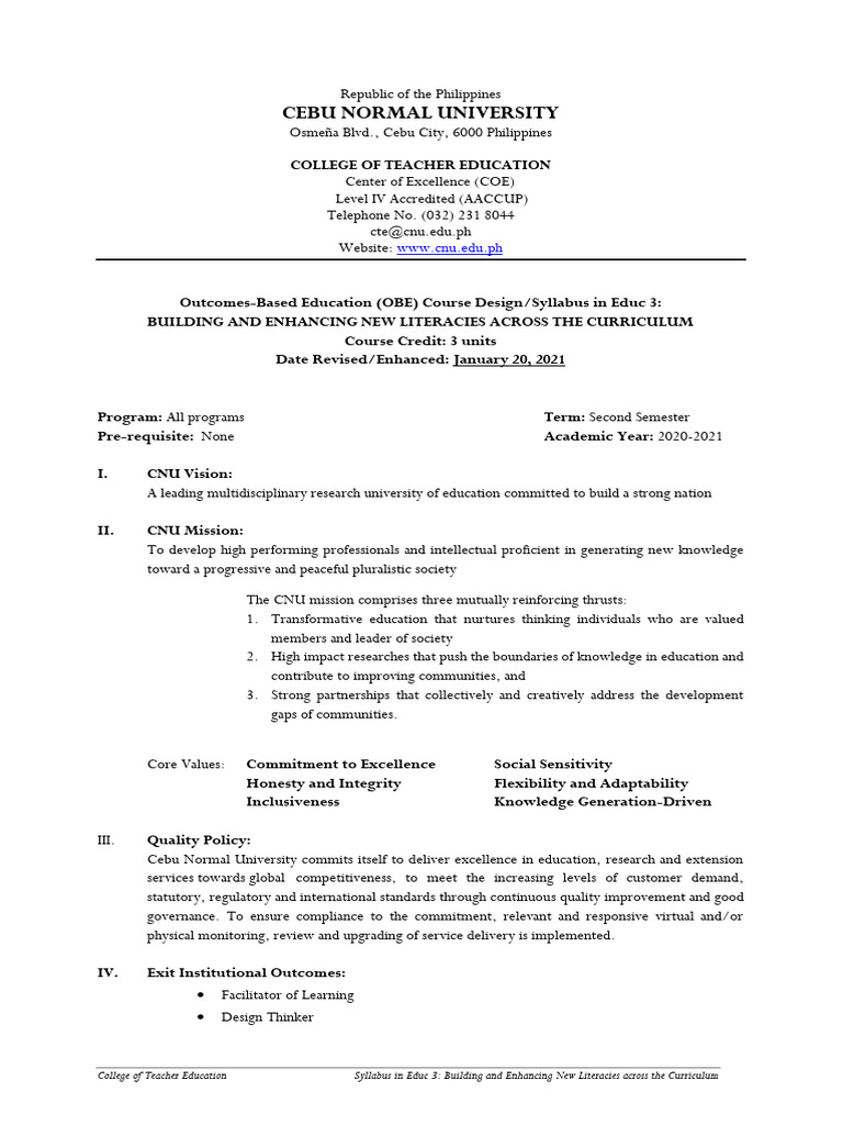 OBE Syllabus in BENLAC Student | PDF | Educational Technology | Literacy OBE Syllabus in BENLAC Student | PDF | Educational Technology | Literacy