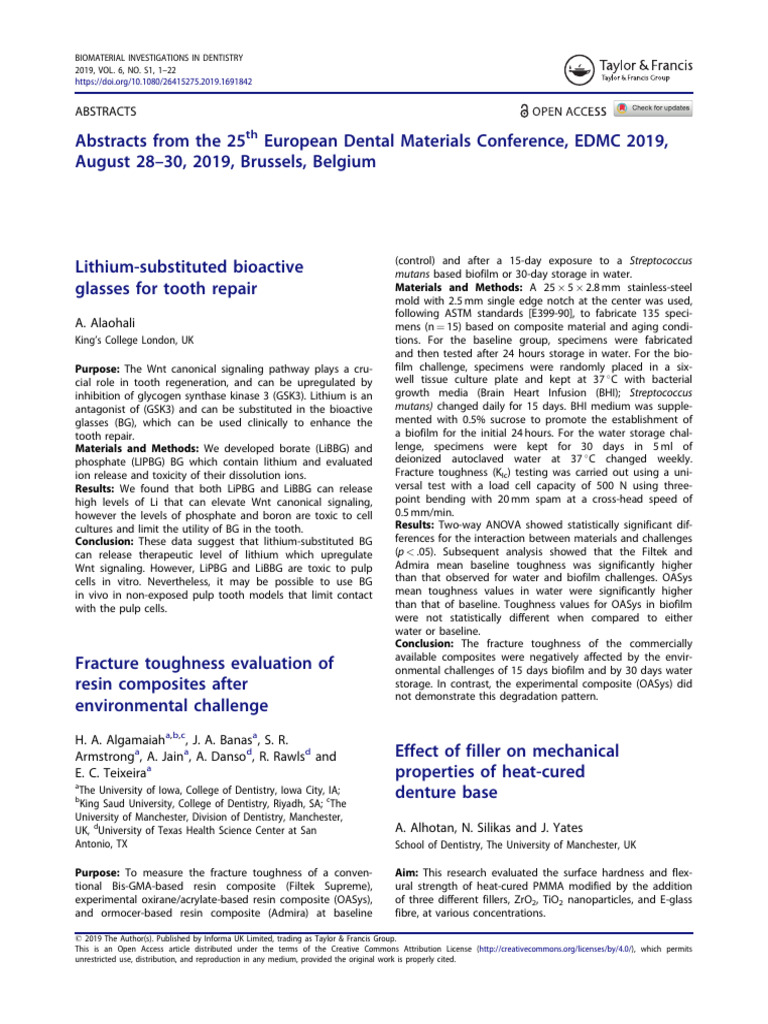Abstracts: Biomaterial Investigations in Dentistry 2019, VOL. 6, NO. S1 ...