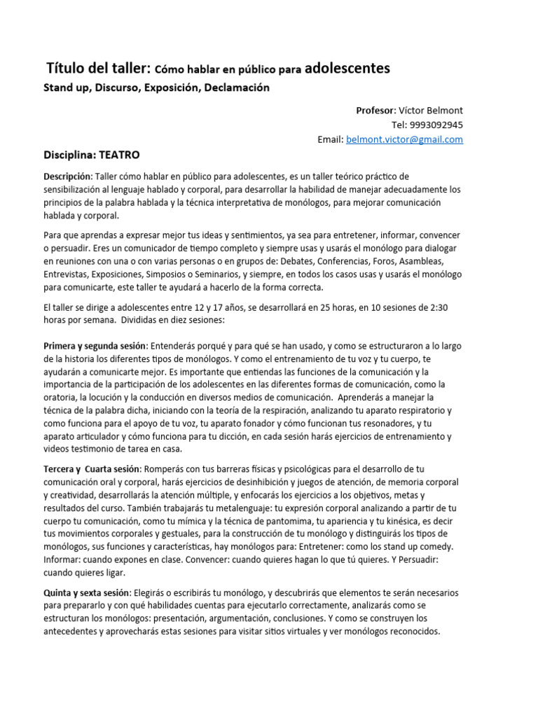 Taller Virtual Cómo Habalar en Público Alas y Raices VB 2021 | PDF | Monólogo | Comunicación