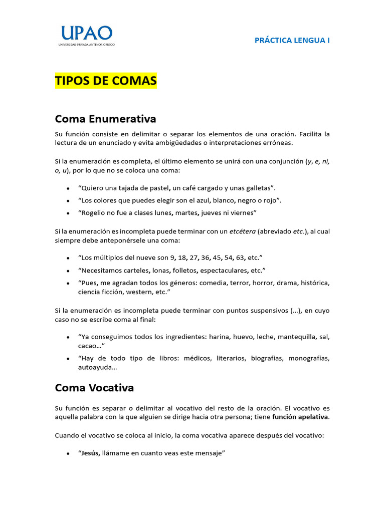 Tipos de Comas en Gramática Española | PDF | Oración (Lingüística) | Verbo