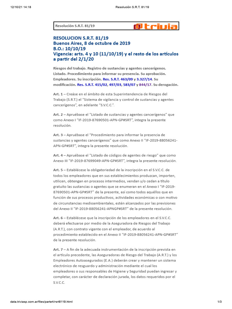 Resolución S.R.T. 81 - 19 | PDF | Gobierno